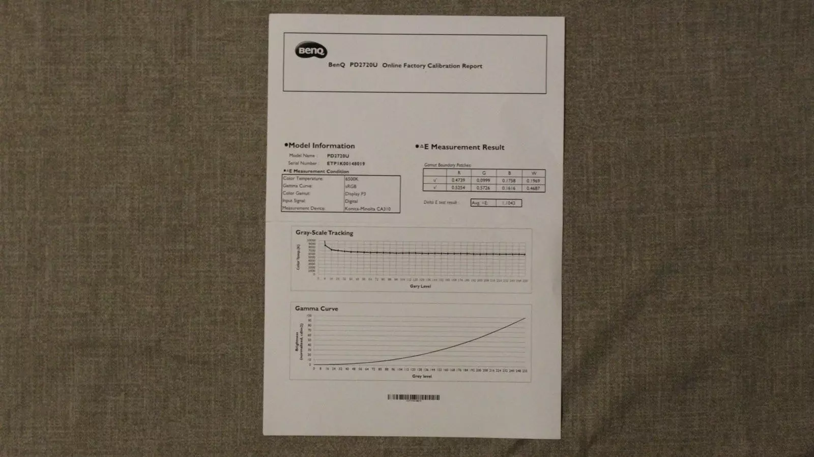 BenQ toimitti kalibrointiraportin, joka näyttää näytön säädöt.