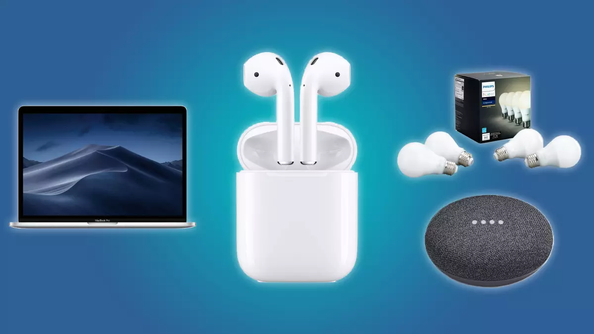 O MacBook Pro, o Philips Hue, o Google Home Mini e os Apple AirPods