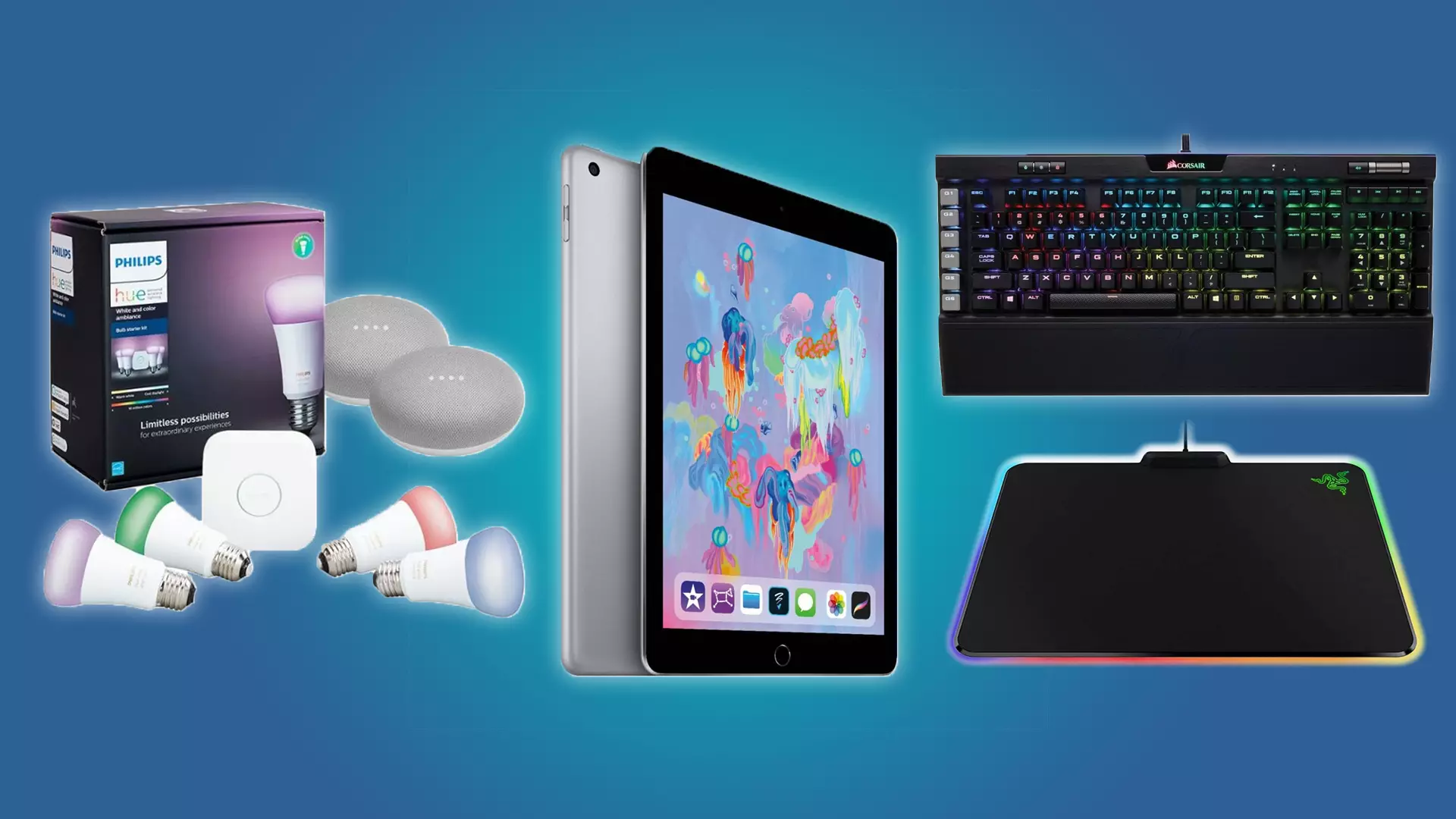 Margaí Laethúla: Philips Hue Kit + 2 Google Home Minis ar $170, iPad ar $252, Razer LED Mousepad ar $33, an CORSAIR K95 ar $140, agus Tuilleadh