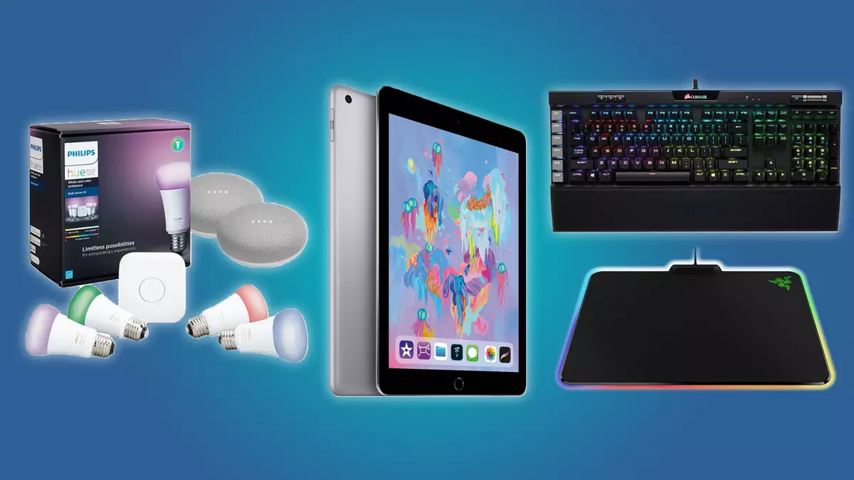 Ang Philips Hue ug Google Home Mini kit, ang iPad, ang CORSAIR K93, ug ang Razer Firefly