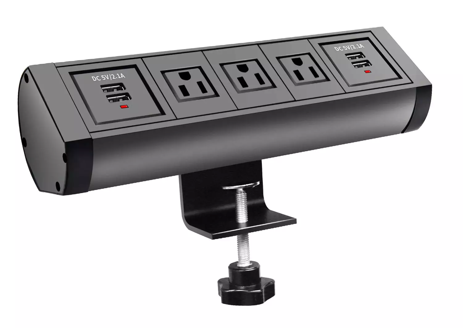 Este práctico diseño incluye tres tomacorrientes y cuatro cargadores USB en su escritorio.