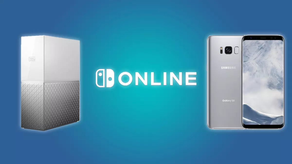 Nintendo Switch Online логотипі, WD 3TB сыртқы жад құрылғысы және Samsung Galaxy S8