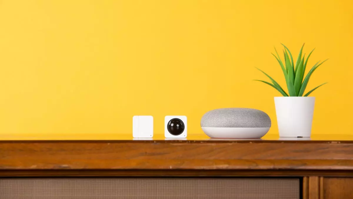 Nauji „Wyze“ jutikliai rodomi šalia „Google Home Mini“.