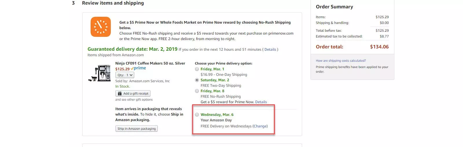 Opciones de envío de Amazon Checkout con aviso de día preferido