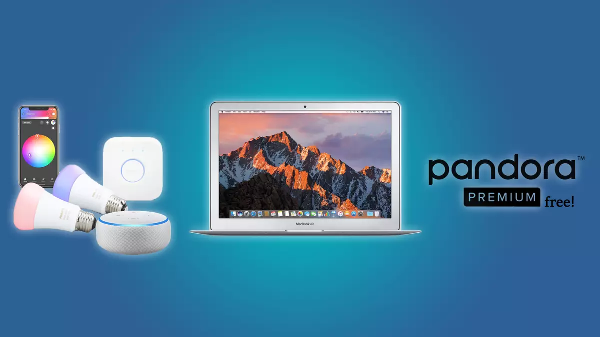El kit Philips Hue, el Macbook Air i el logotip de Pandora Premium