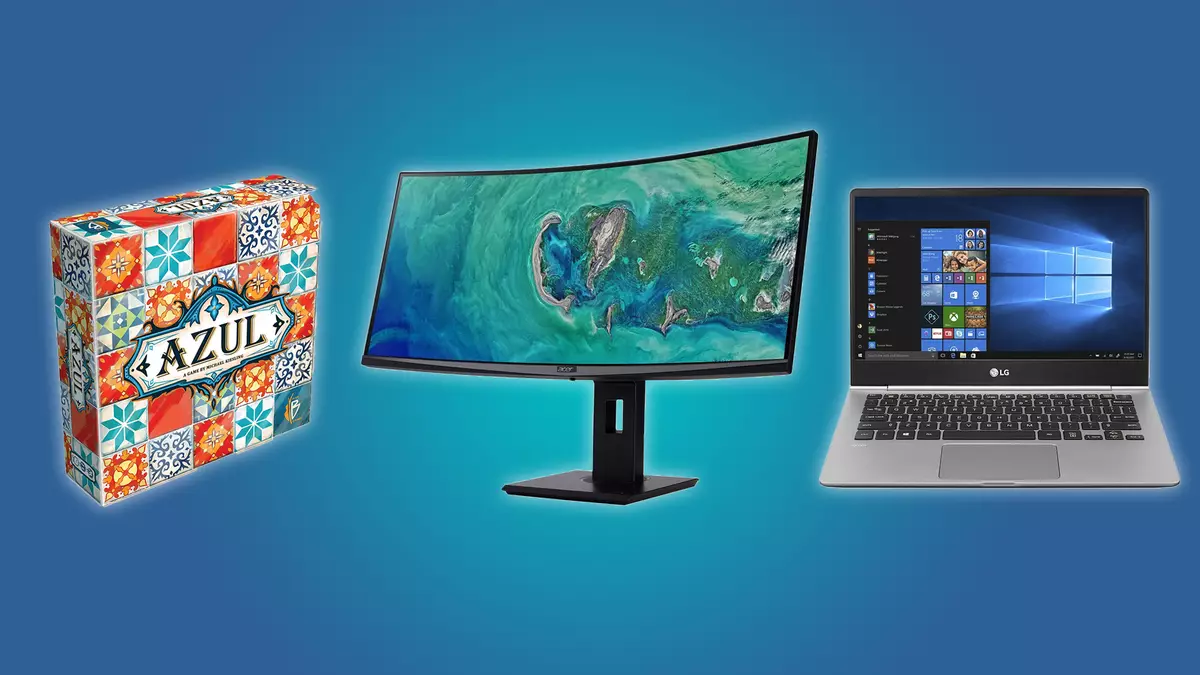 O jogo Azul Board, o monitor de jogos curvo Acer e o LG Gram 13
