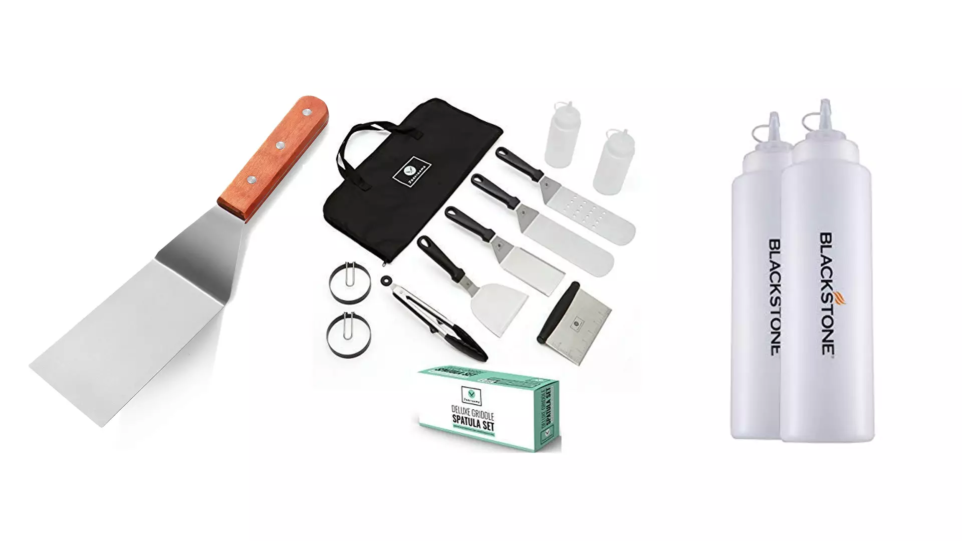 Une spatule, deux bouteilles d'huile et un kit d'outils pour plaque chauffante