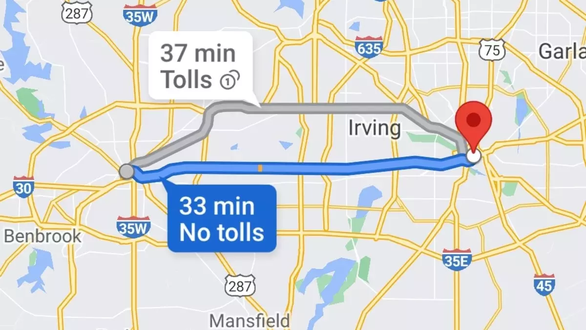 Google Maps ટોલ રસ્તાઓ દર્શાવે છે