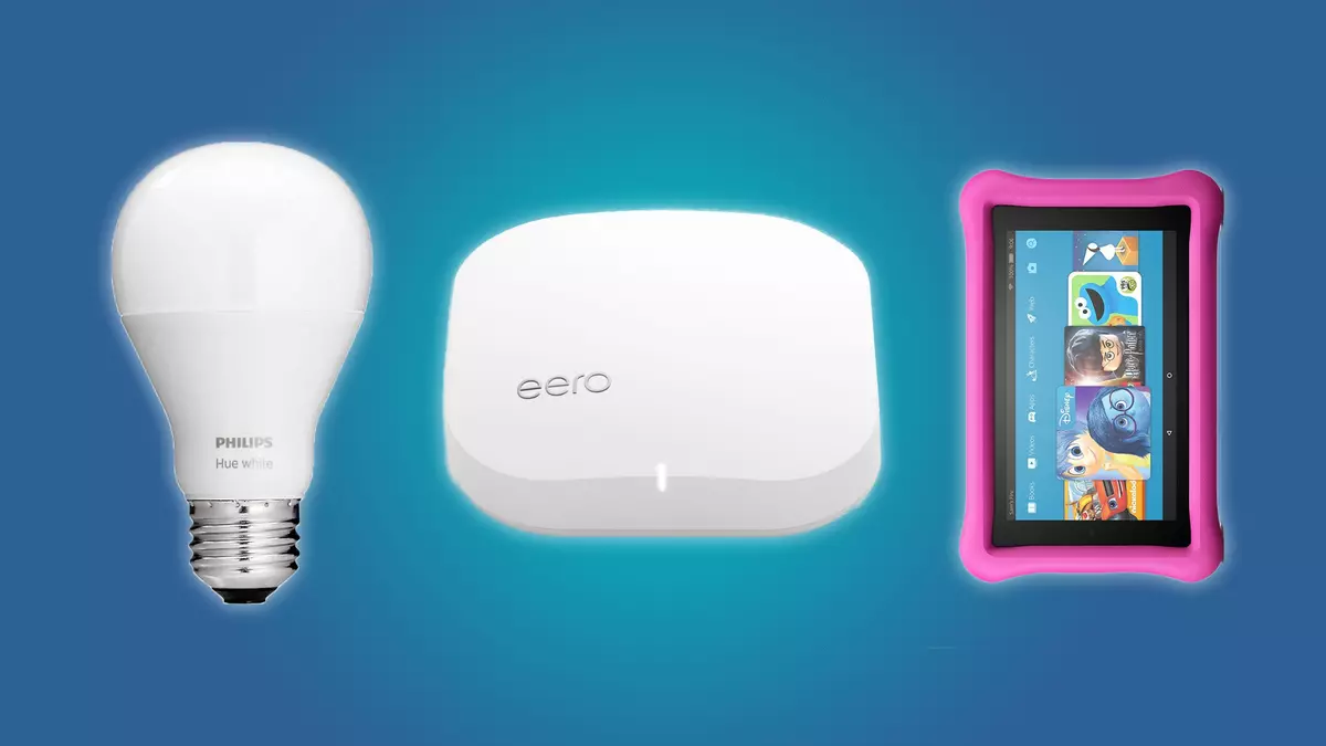 De Hue Smartbulb, Eero Wifi System, en Fire 7 Kids Tablet