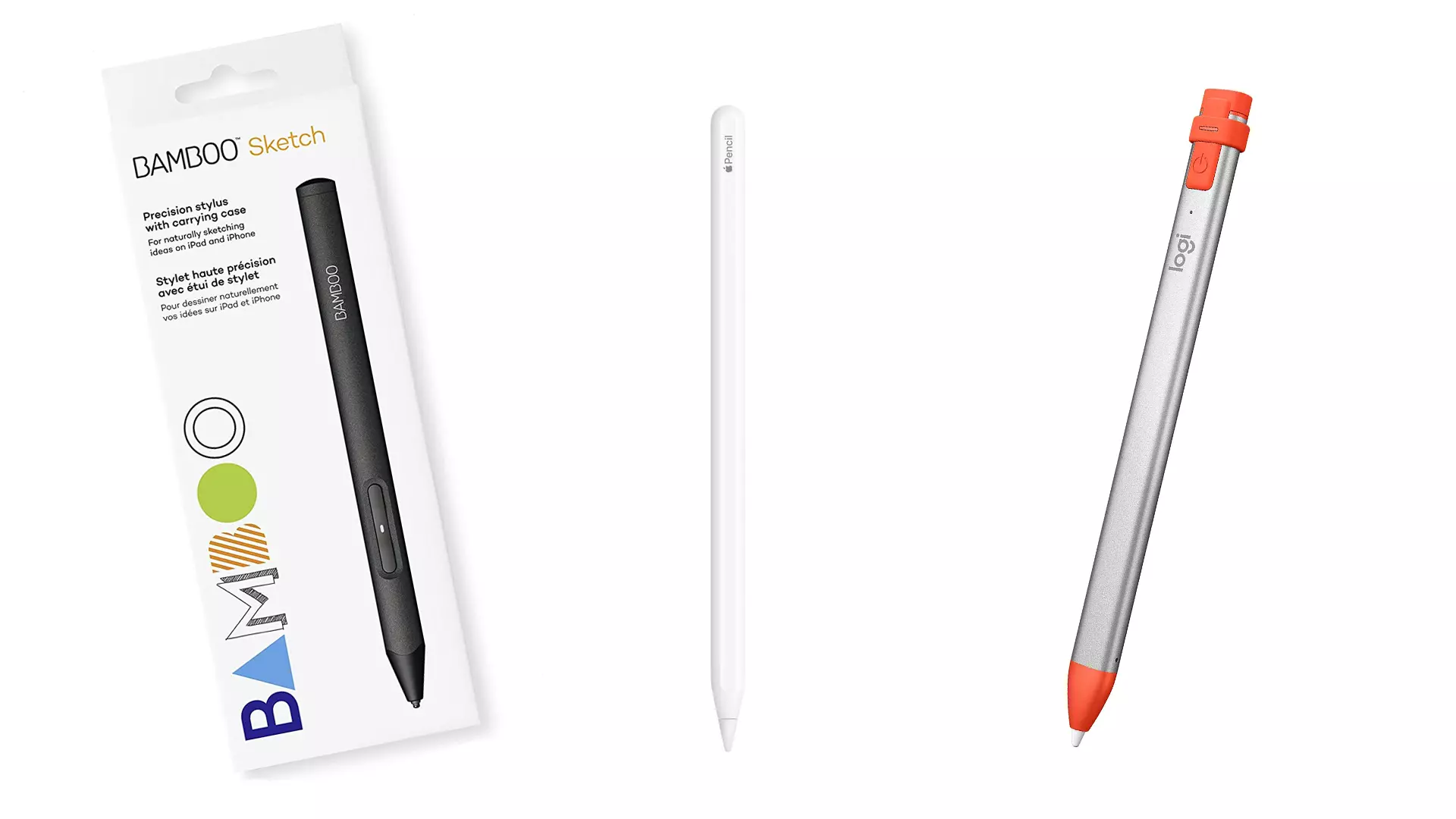 „Bamboo Sketch“ rašiklis, „Apple“ pieštukas ir „Logitech“ pieštukas