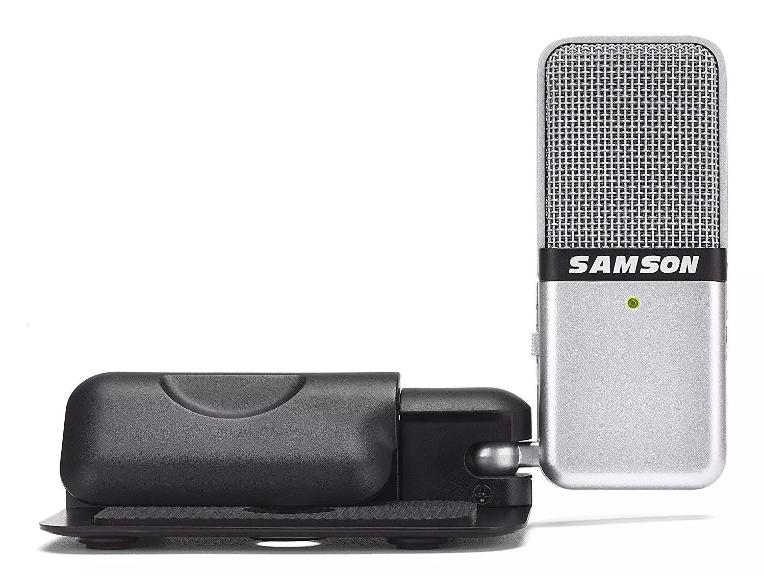 Mîkrofona portable ya Samson amûrek zexm û stendek jêhatî ya jêhatî hev dike.
