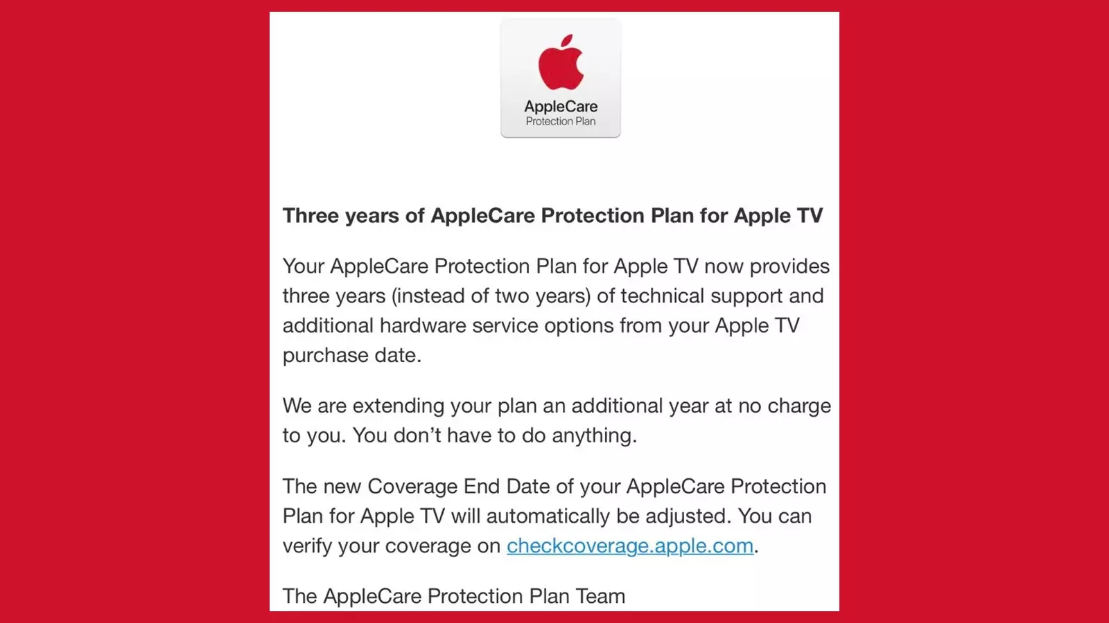 อีเมลของ Apple เกี่ยวกับการขยายความครอบคลุมของ apple tv applecare
