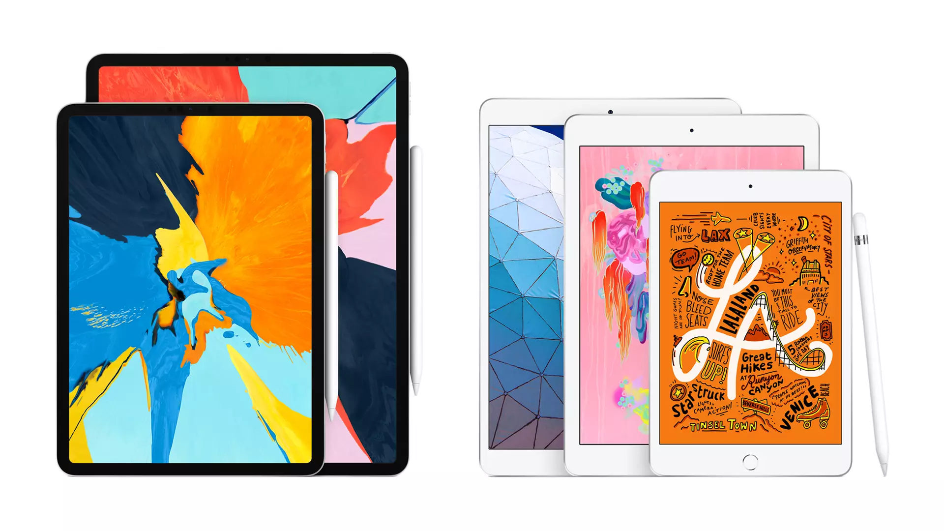 Uma linha de diferentes iPads da Apple.